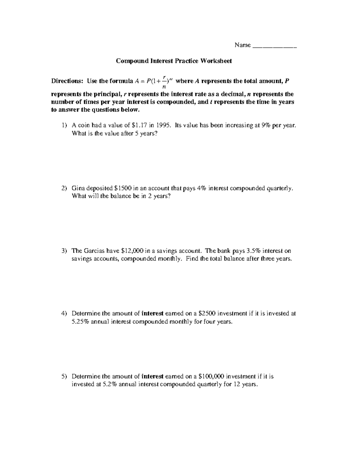 Compound Interest Practice WS - Questions & Solutions - Studocu