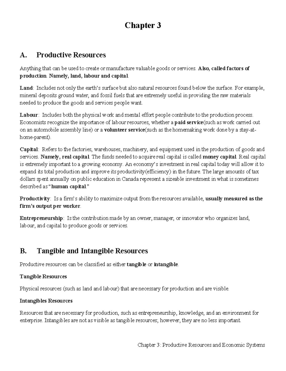 Chapter 3: Productive Resources & Economic Systems Notes - Studocu