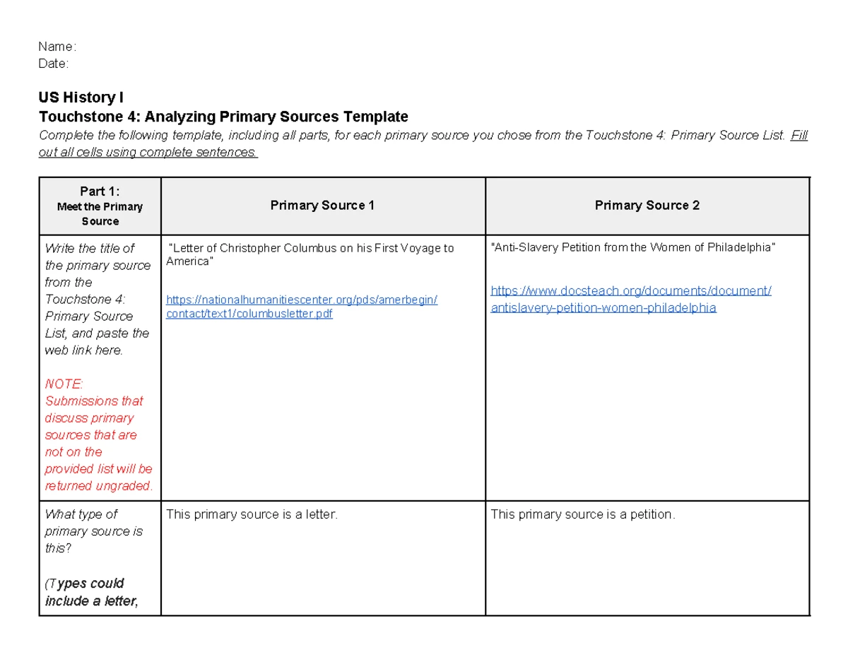 US History I Touchstone 4: Analyzing Primary Sources Assignment - Studocu
