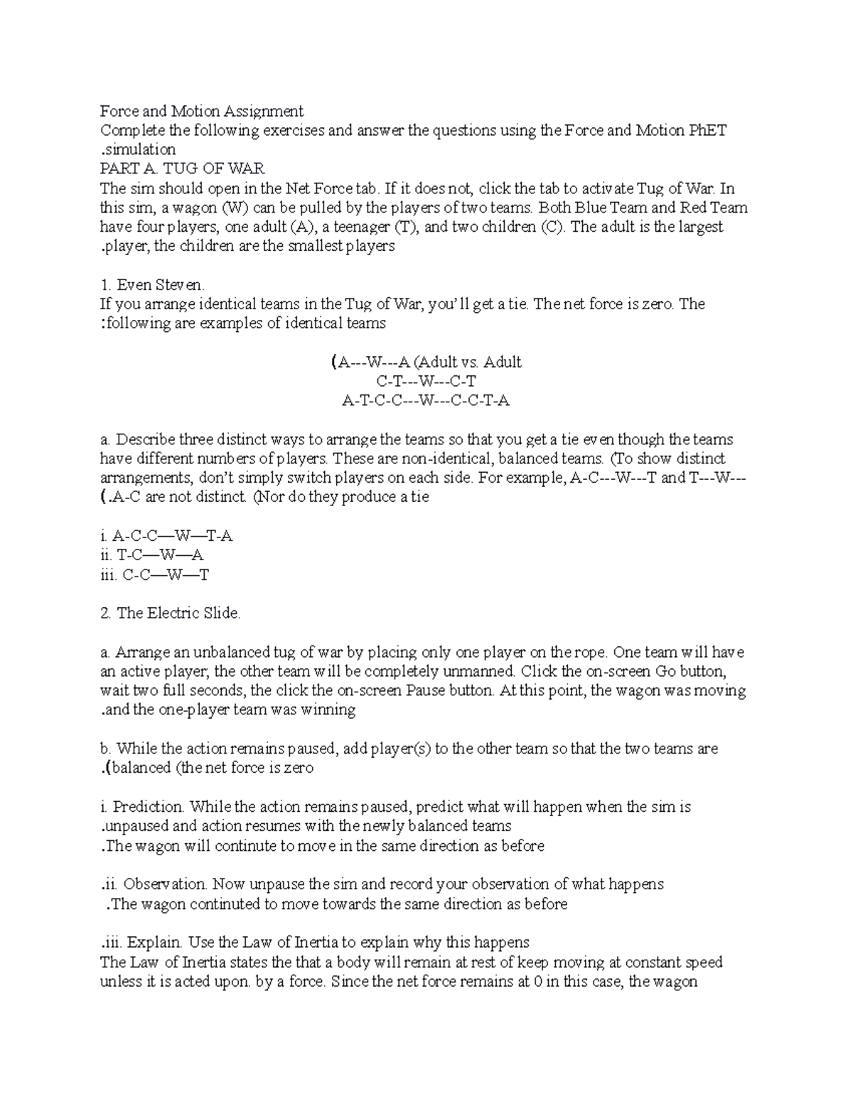 Force and Motion Assignment - Force and Motion Assignment Complete the following exercises and ...