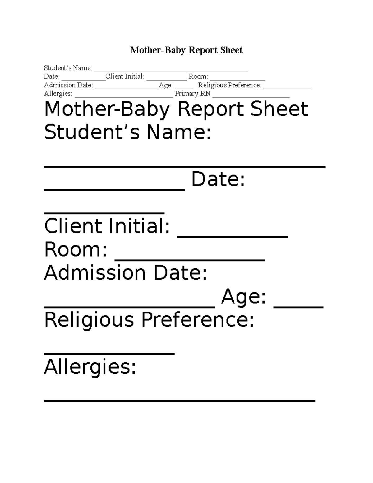 Mother-Baby Report Worksheet for Clinical Practice Documentation - Studocu