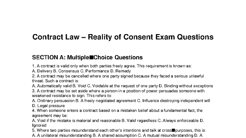 Contract Law (CL101) Reality of Consent Exam Questions - Studocu