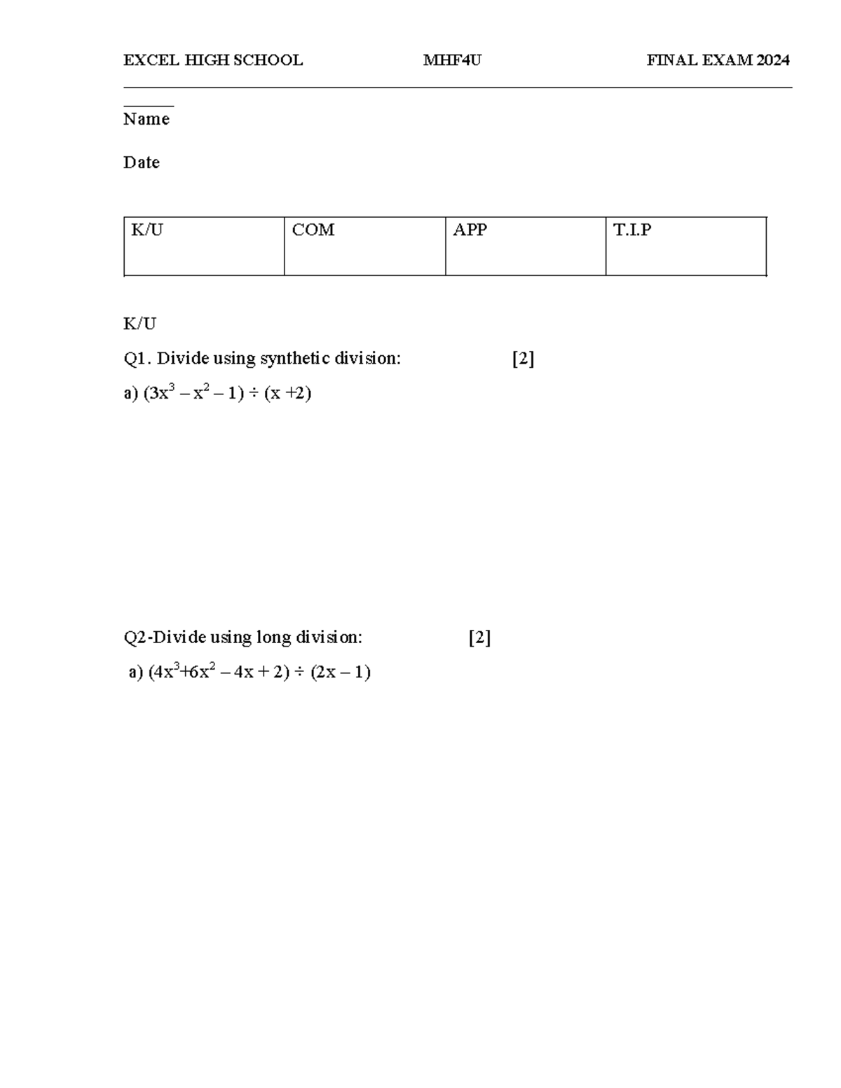 MHF4U 2024 - Advanced Functions Final Exam Outline and Questions - Studocu