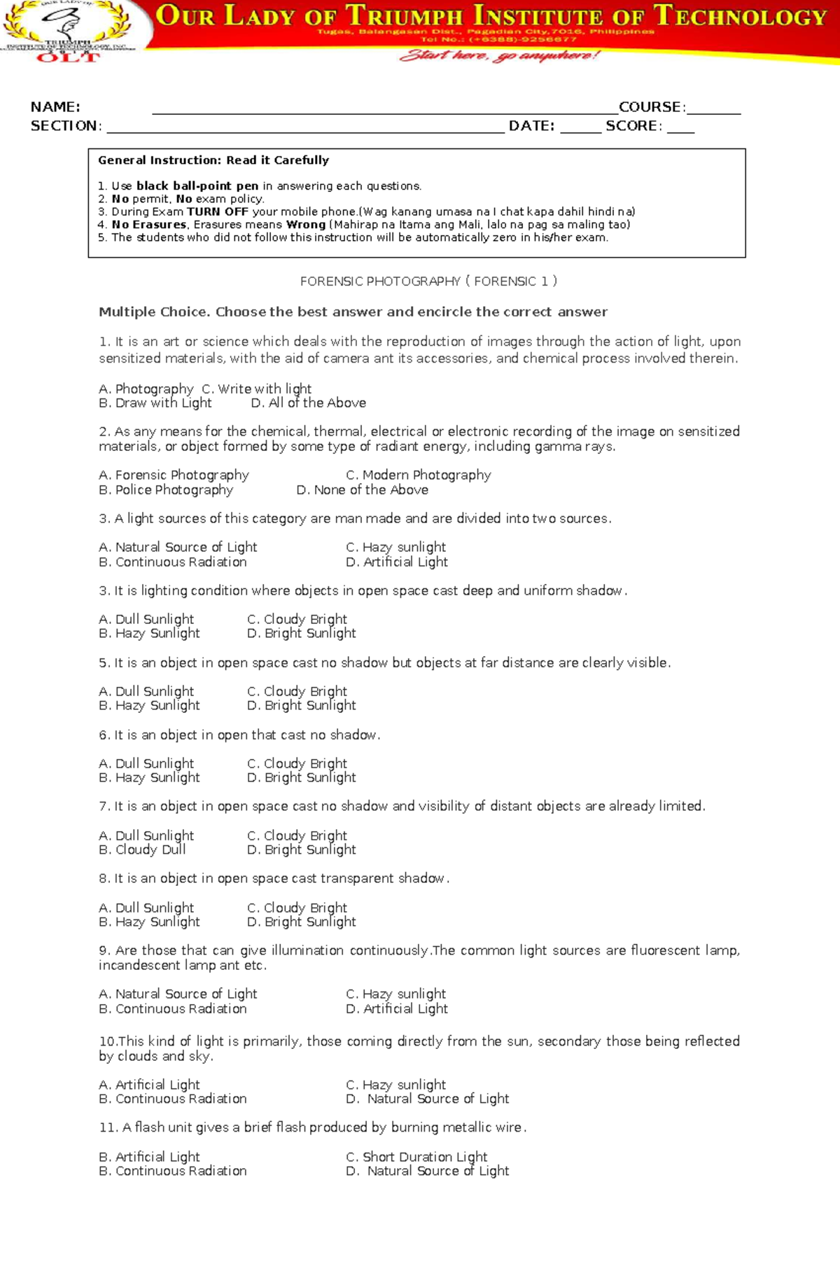 Forensic Photography (FORENSIC 1) Prelim Exam Answer Key - Studocu