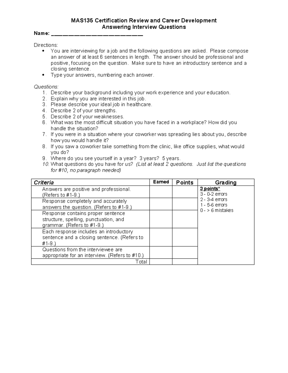 MAS135 Interview Questions Worksheet - MAS135 Certification Review and ...