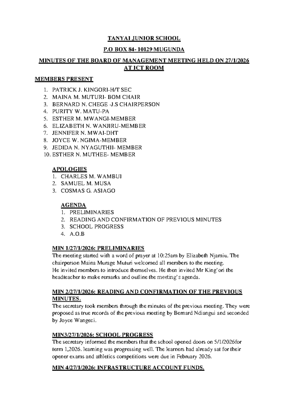 Tanyai Junior School BOM Meeting Minutes - January 2026 - Studocu