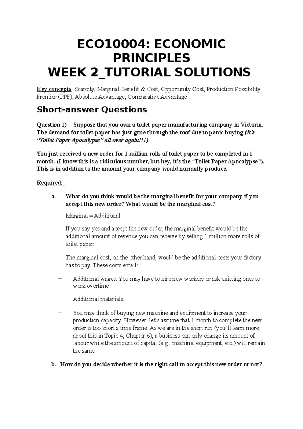 Week 2 Tutorial Solutions - ECO10004: ECONOMIC PRINCIPLES WEEK 2 ...
