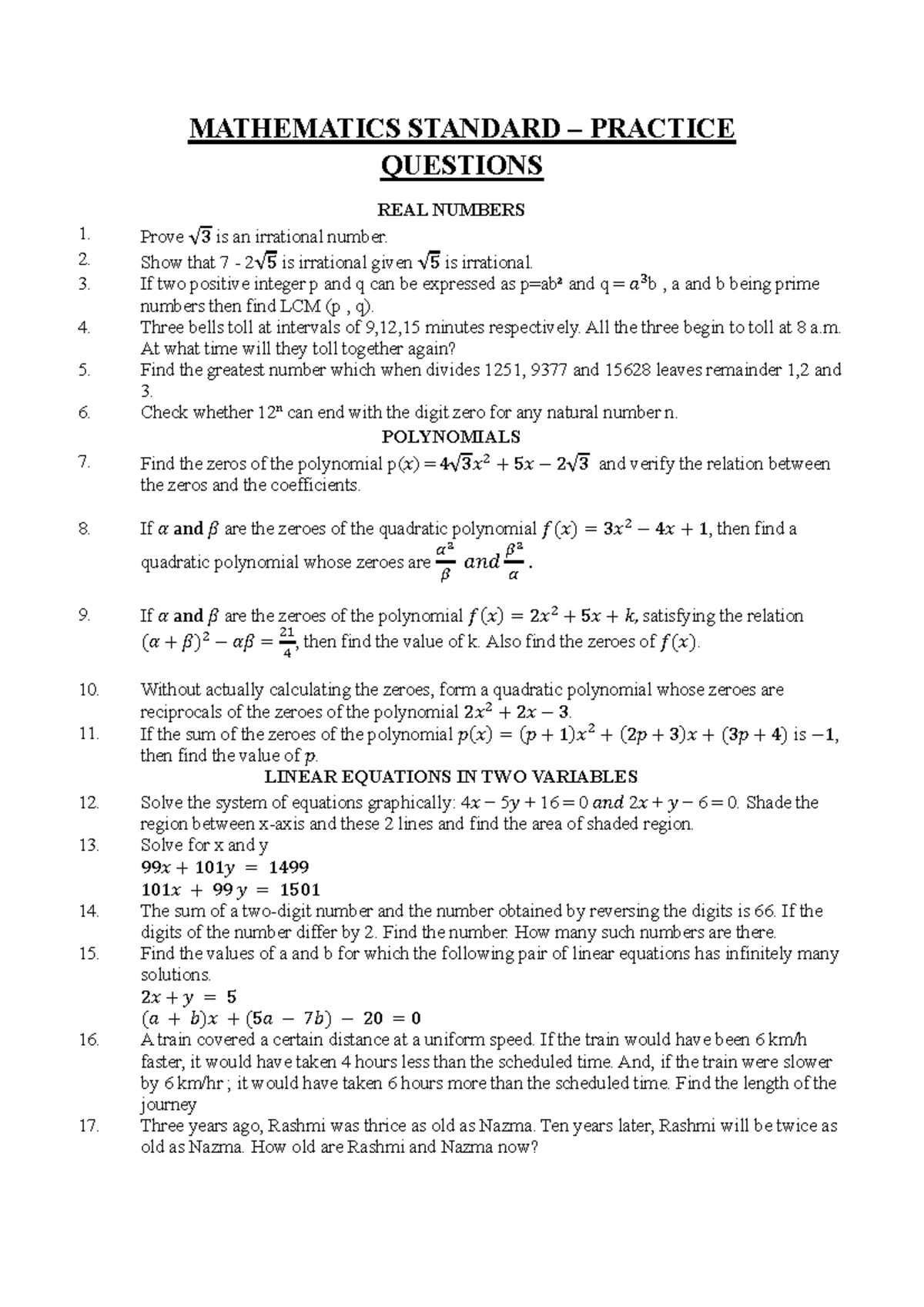 Mathematics Standard - Practice Worksheet for Real Numbers and ...