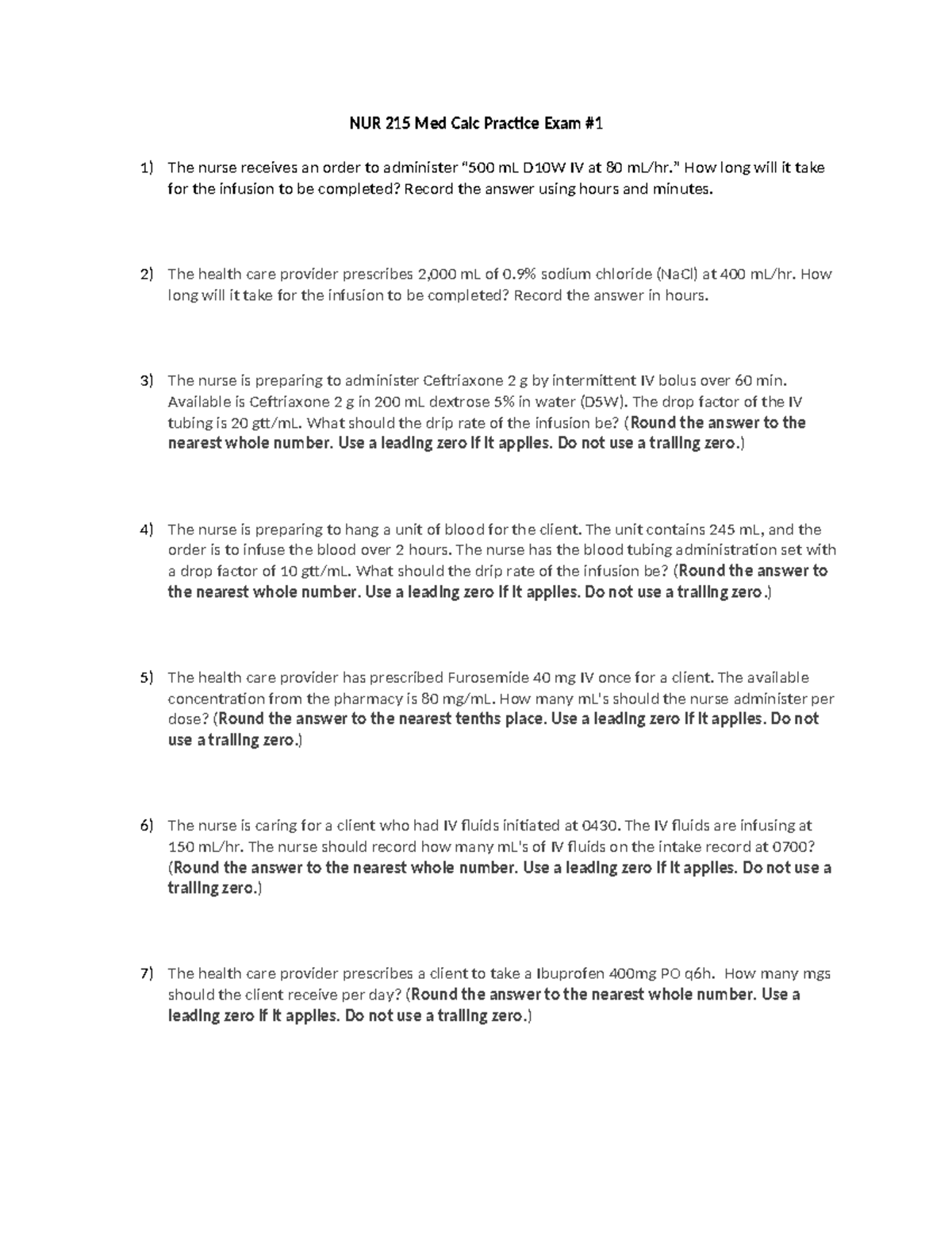 NUR 215 Med Calc Practice Exam #1 - Solutions and Answers - Studocu