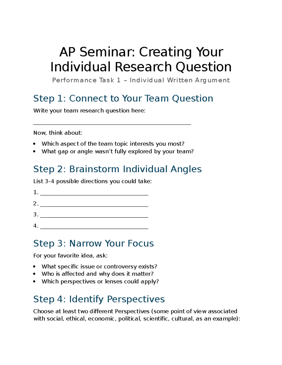 AP Seminar: Individual Research Question Worksheet Guide - Studocu