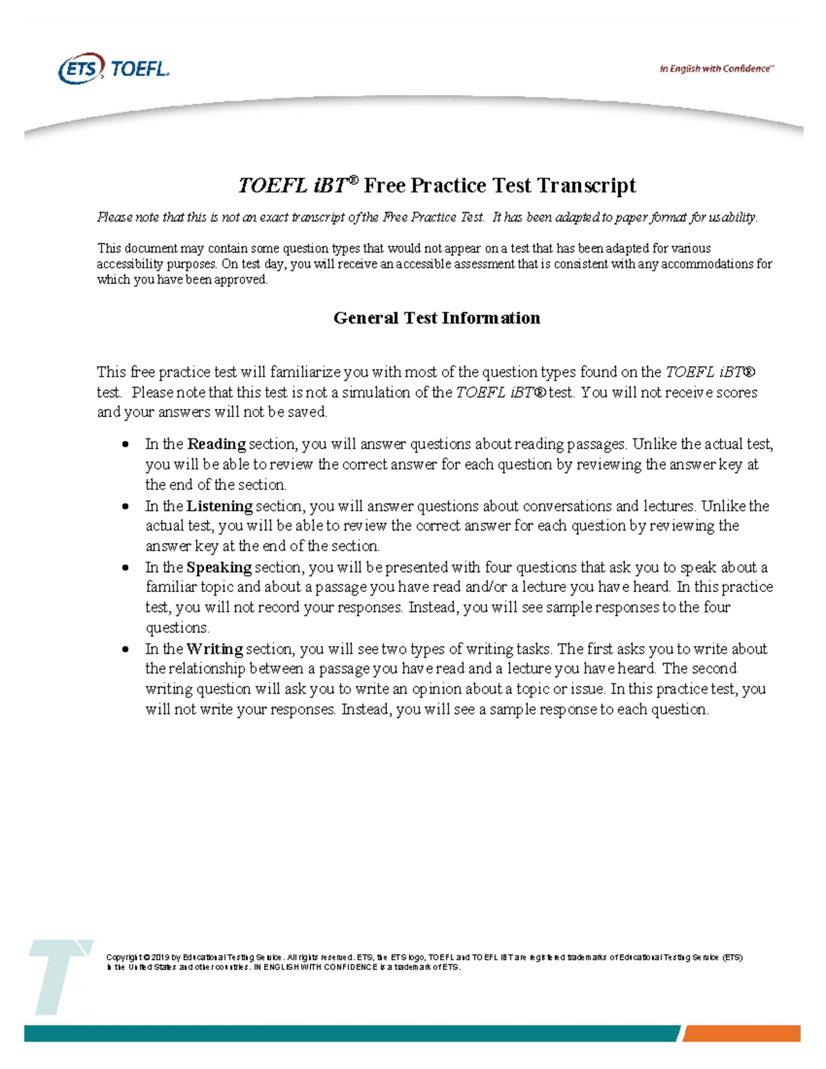 TOEFL iBT Free Practice Test Transcript and Overview - Studocu