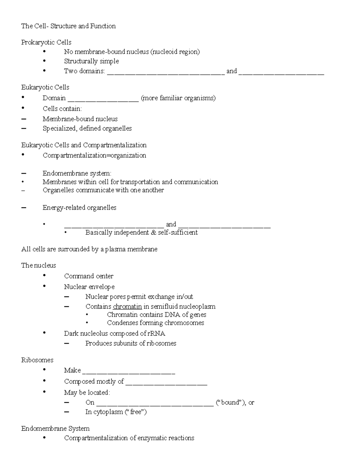 Old Lecture Notes on Cells: Prokaryotic vs Eukaryotic Structure ...