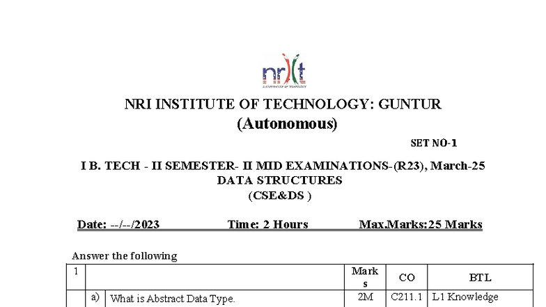 B. TECH II II MID DATA STRUCTURES (C211) - SET I Question Paper - Studocu