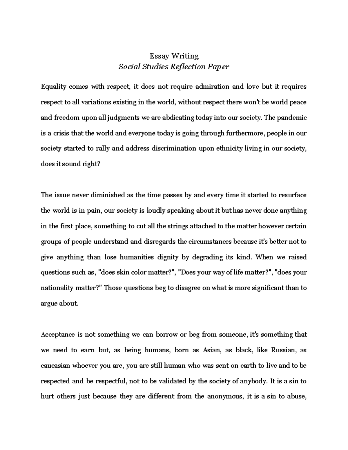 Social Studies Reflection Paper: Embracing Equality and Identity - Studocu