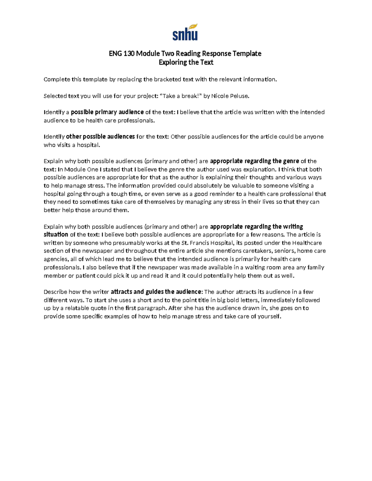 ENG 130 Module Two Reading Response - Selected text you will use for your project: “Take a break ...