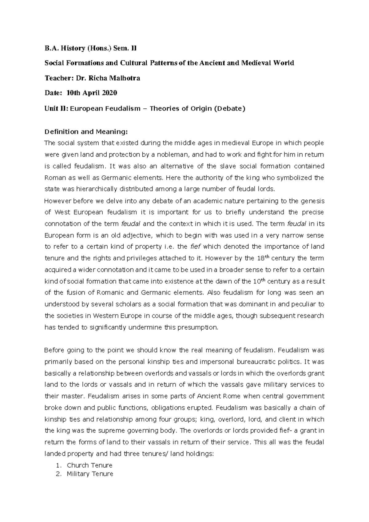 B.A. History (Hons.) Sem. II Feudalism Debate: Theories of Origin Unit ...
