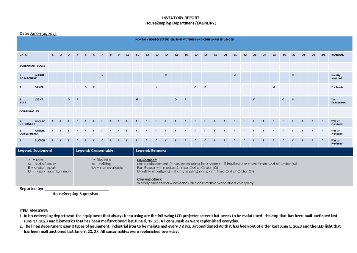 Housekeeping Inventory Report - June 2023 (LAUNDRY Dept) - Studocu