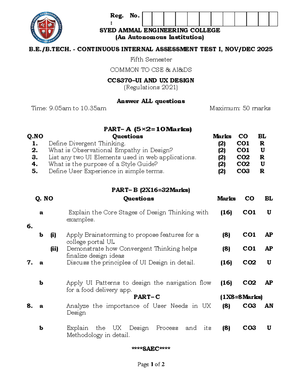 CCS370 Continuous Internal Assessment Test I - Question Paper - Studocu