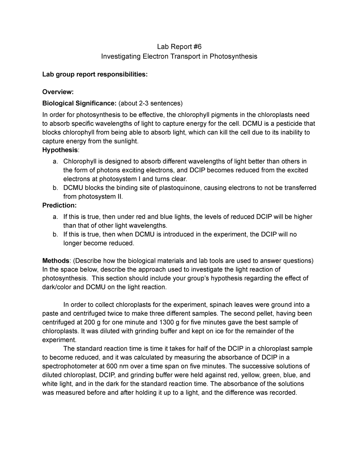 Lab 6 Bio 161 Cal Poly - Lab Report Investigating Electron Transport in ...