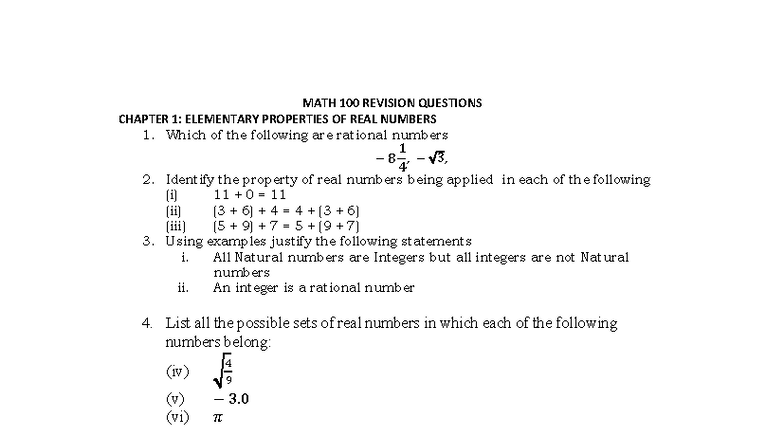 MATH 100 Revision Questions: Chapter 1 - Real Number Properties - Studocu