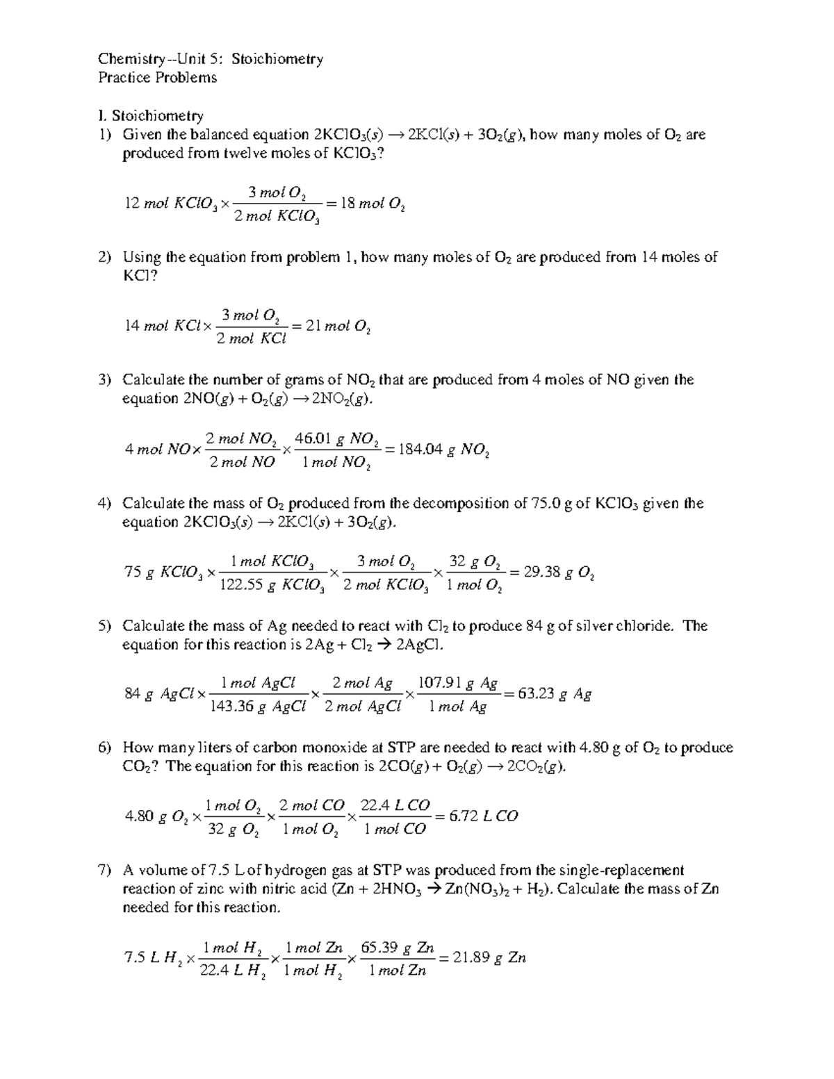 Stoichiom - Grade 12 - Practice Problems I. Stoichiometry Given the ...