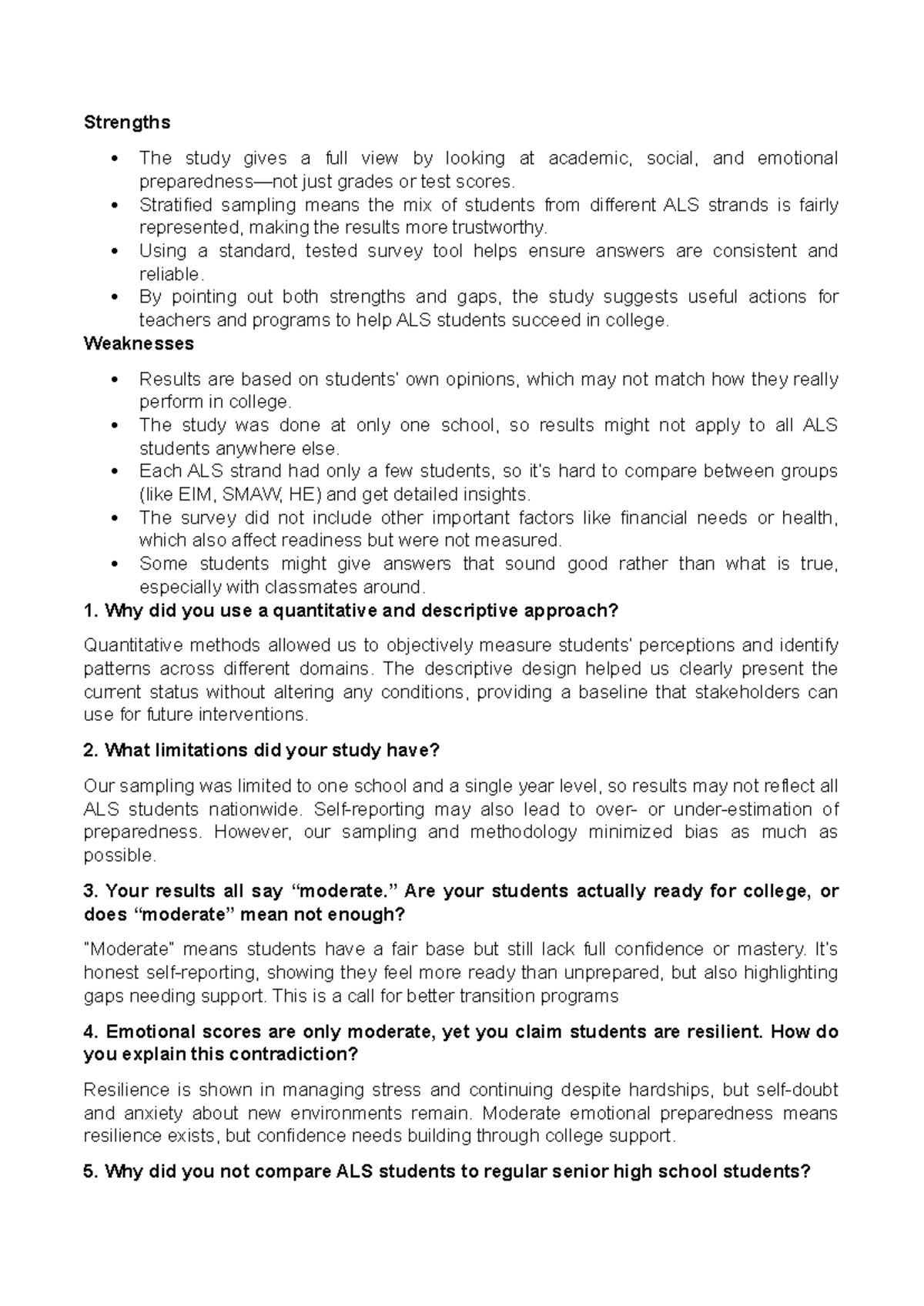 Strengths and Limitations of ALS Student Readiness for College - Studocu