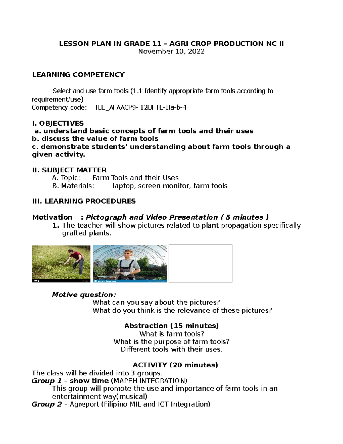 ACP - Lesson Plan: Farm Tools and Their Uses in Agri Crop Production ...