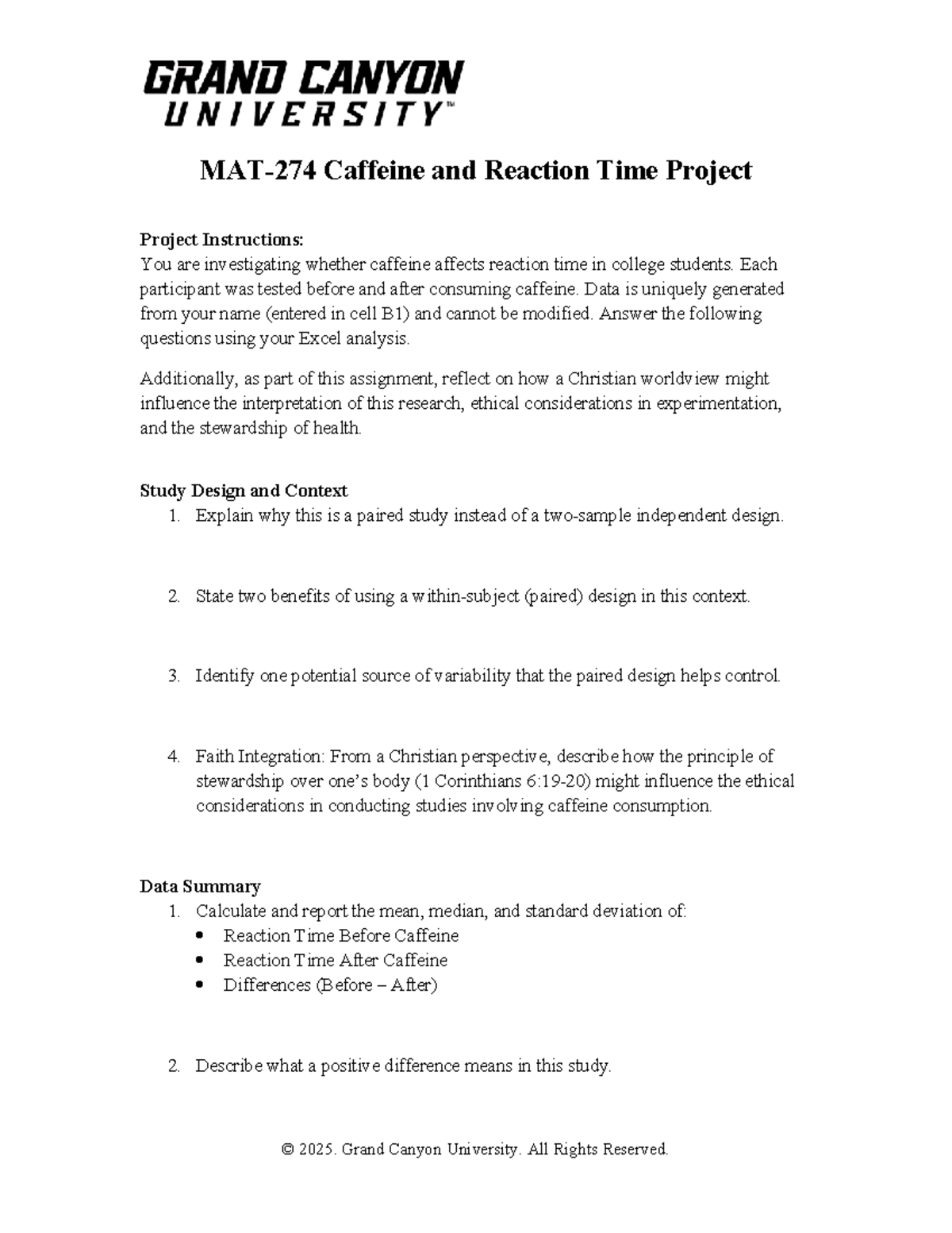MAT 274 RS T6: Caffeine's Impact on Reaction Time Study - Studocu