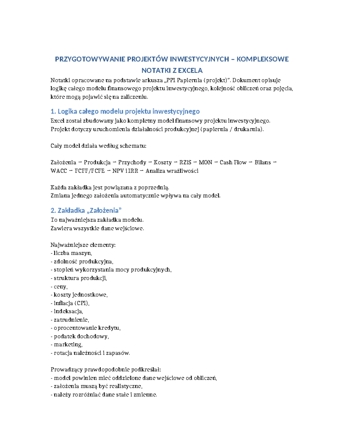 Notatki z PPI: Model Finansowy Projektu Inwestycyjnego w Excelu - Studocu