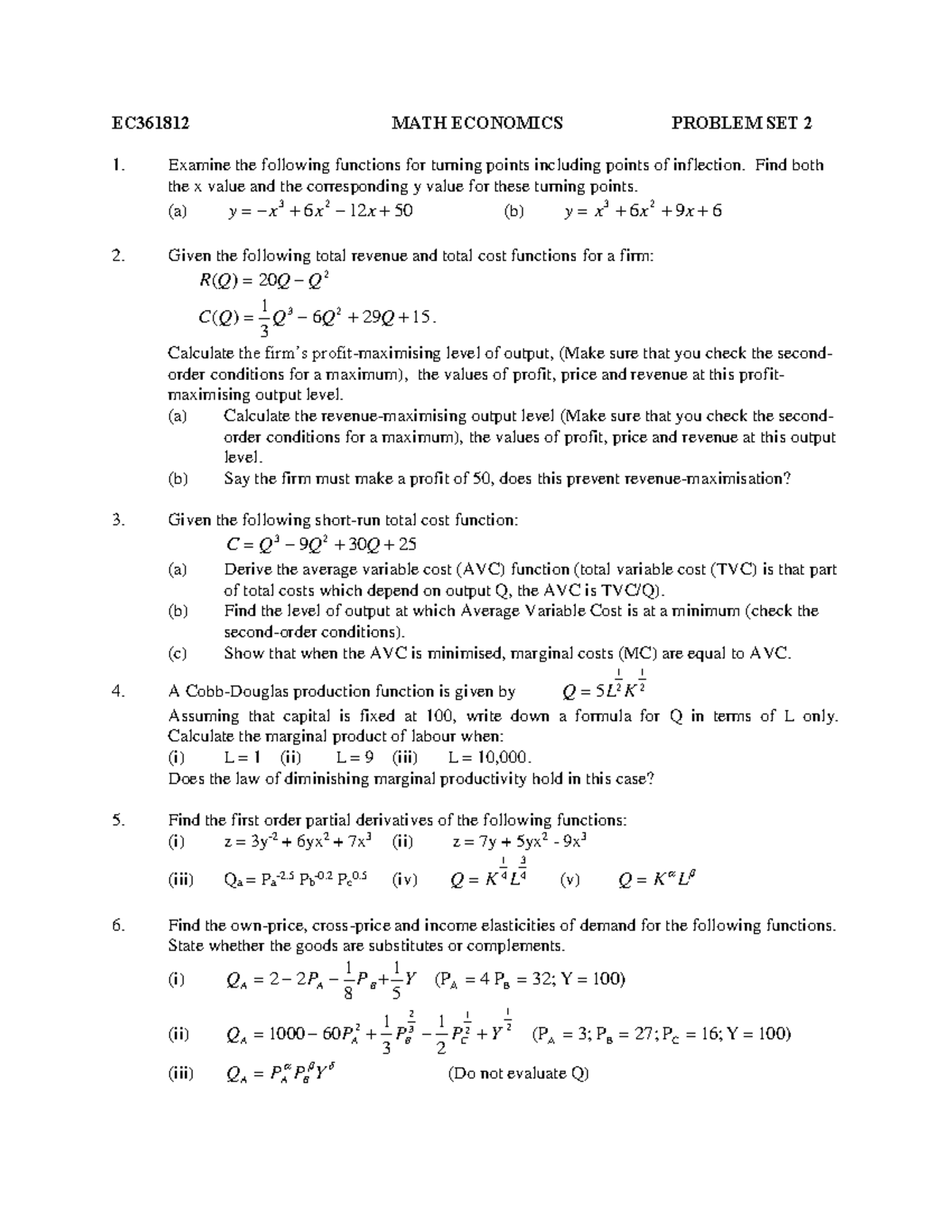 EC361812 MATH ECONOMICS PROBLEM SET 2: Optimization & Turning Points ...