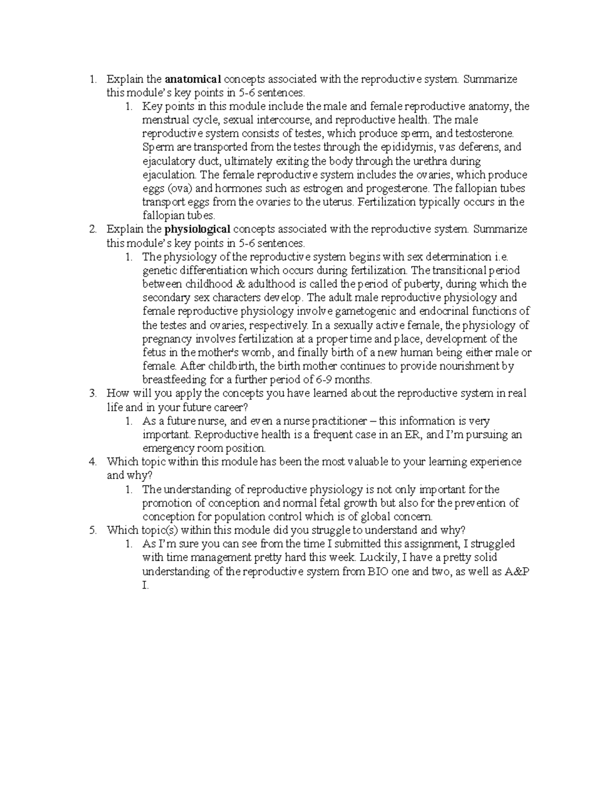 A&PII Reflecion 9 - Module Reflection Assignment - Explain the anatomical concepts associated ...