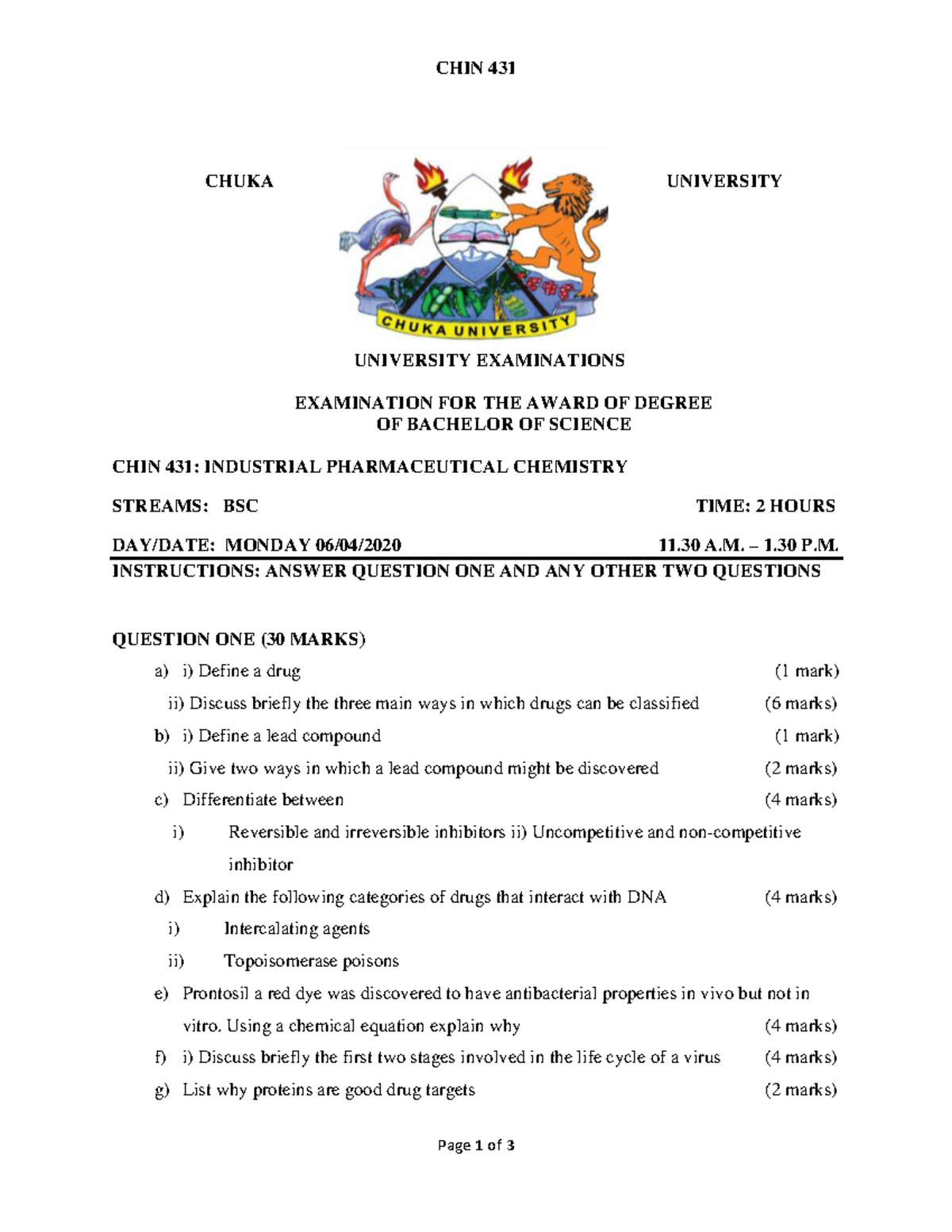 CHIN 431 - Sample Exam Questions for Industrial Pharmaceutical ...