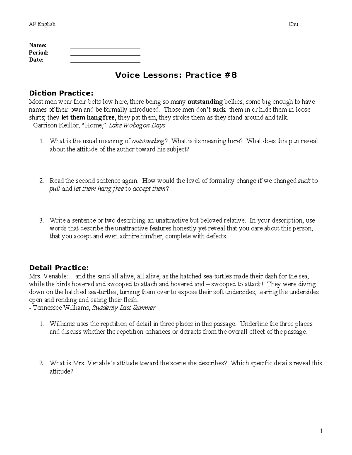Voice Lessons - Practice 8 - AP English Chu Name ...