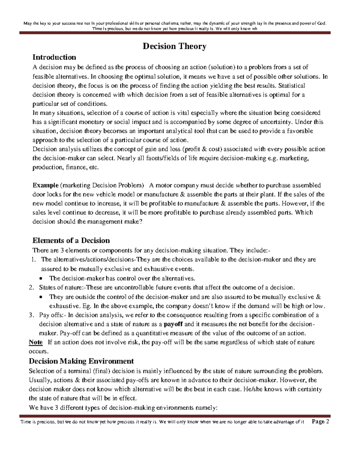 Decision Theory Overview and Key Elements - DECISION THEORY - Studocu