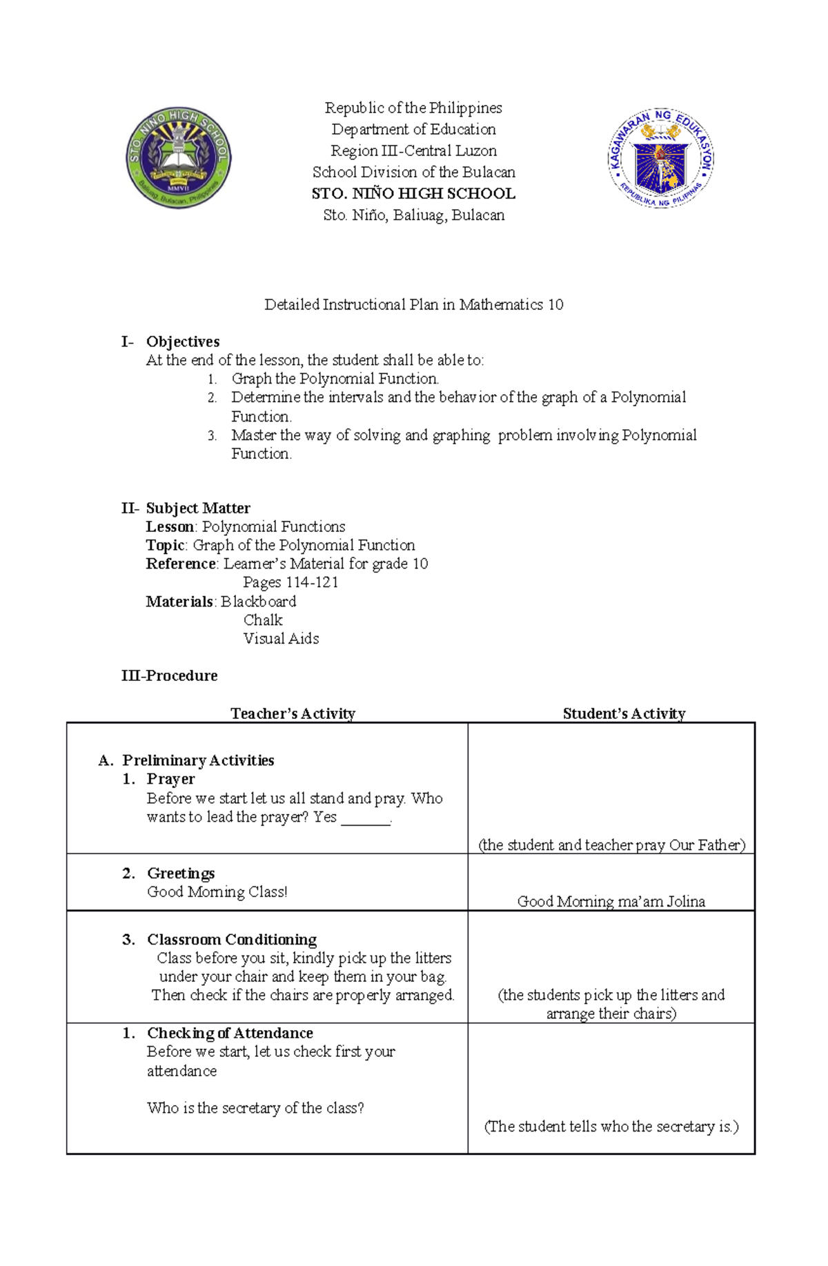 Math 10 Lesson Plan: Graphing Polynomial Functions - Studocu