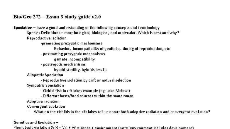 Bio/Geo 272 – Exam 3 Study Guide: Key Concepts in Speciation ...