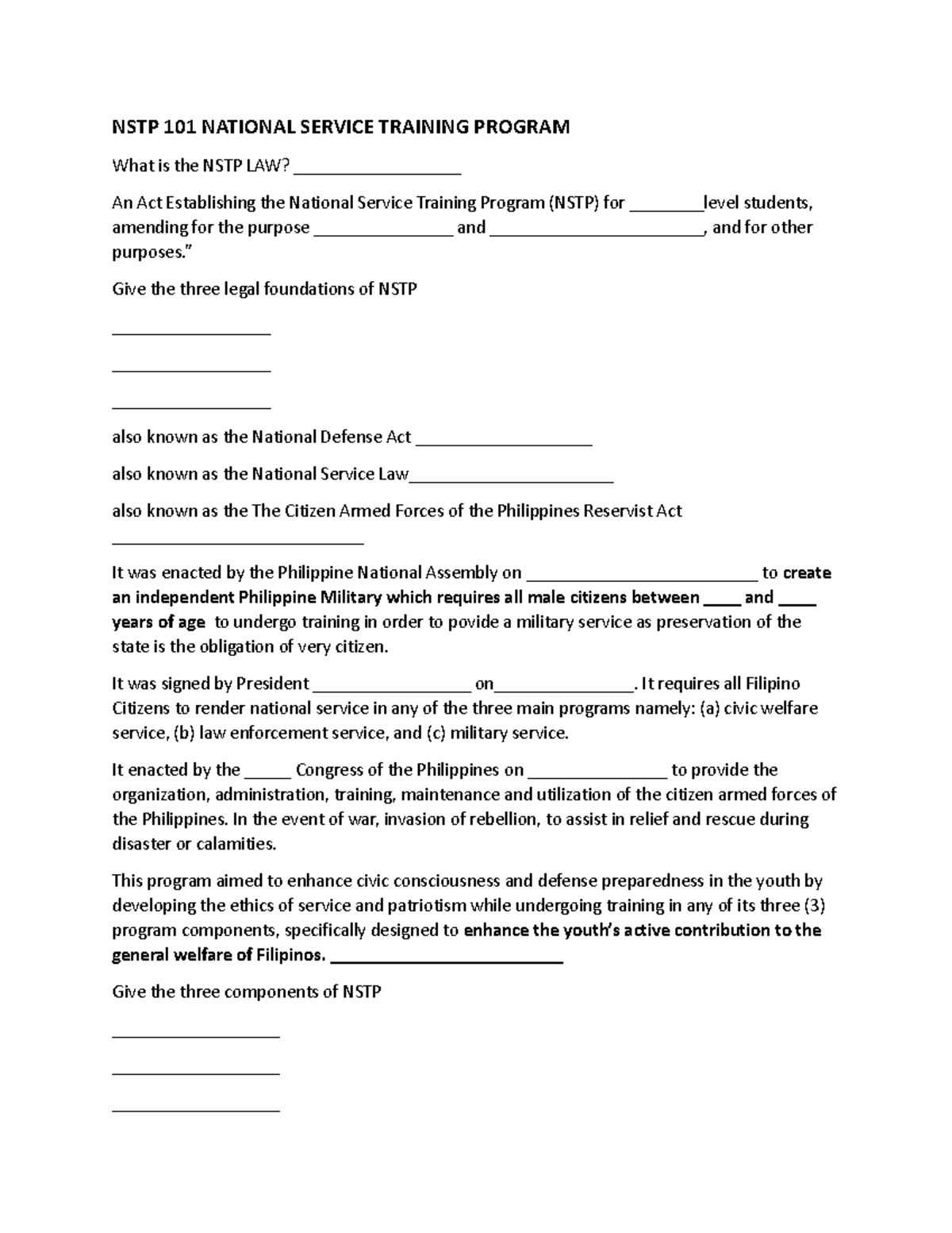 NSTP Reviewer - NSTP 101 NATIONAL SERVICE TRAINING PROGRAM What is the ...