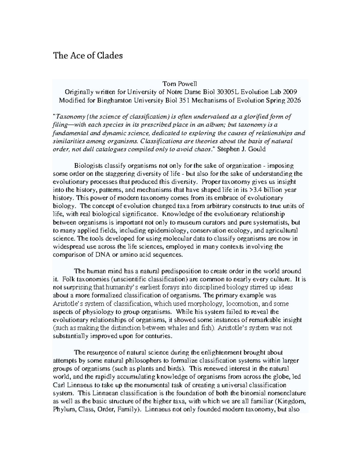 Ace of Clades: Taxonomy and Evolution in Biol 351 Spring 2026 - Studocu