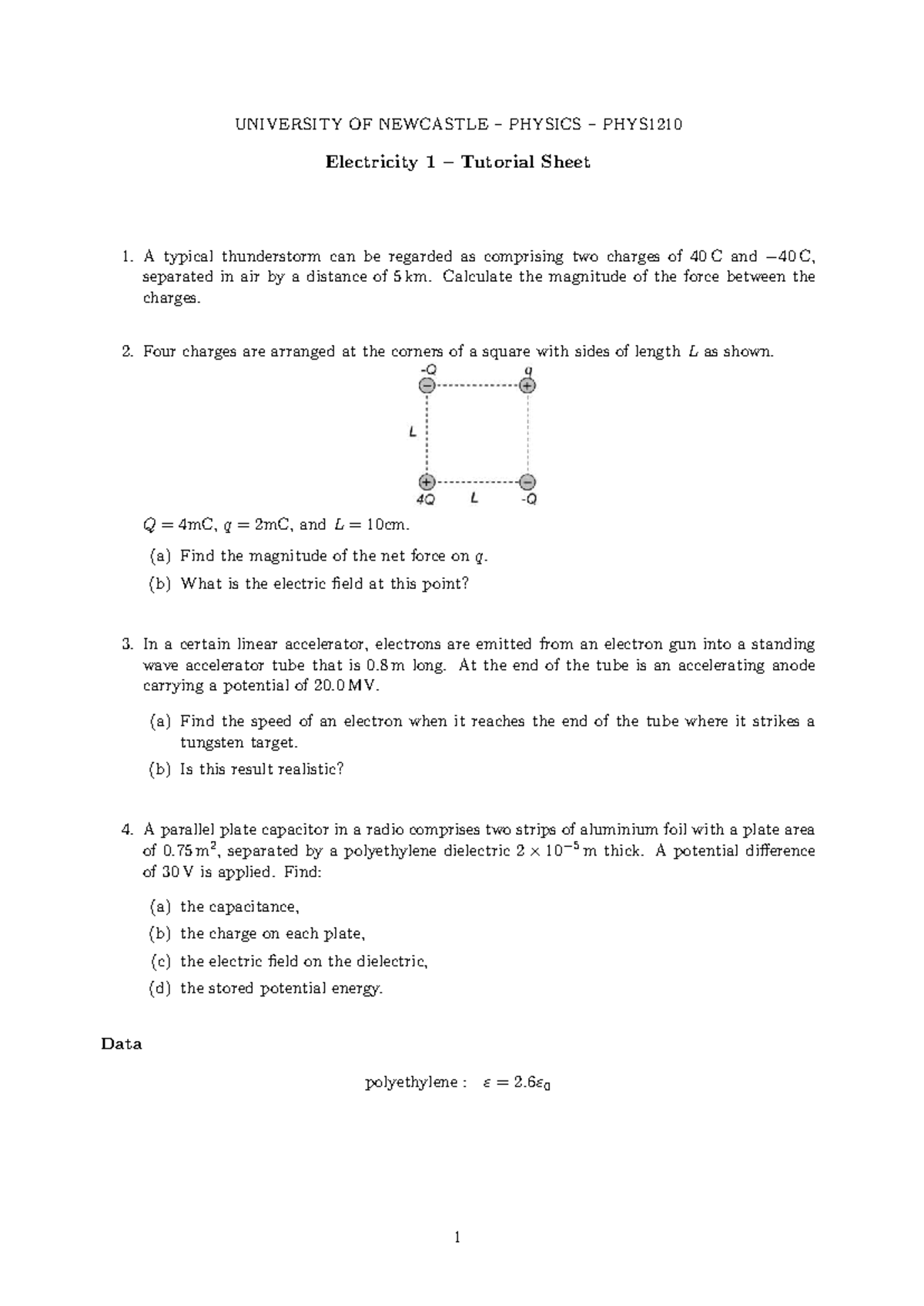 PHYS1210 Electricity 1 Tutorial Sheet: Force & Capacitor Calculations ...