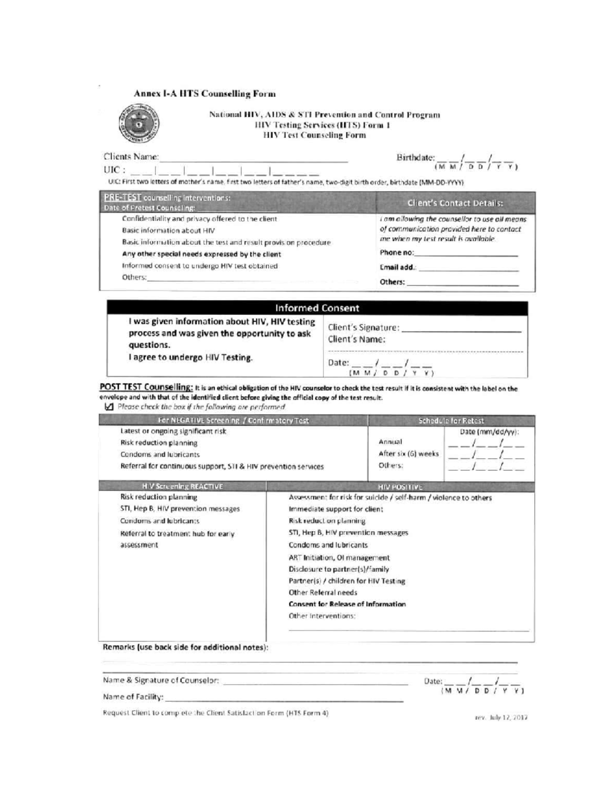 Annex HTS Client Counseling Form for HIV Testing Services - Studocu