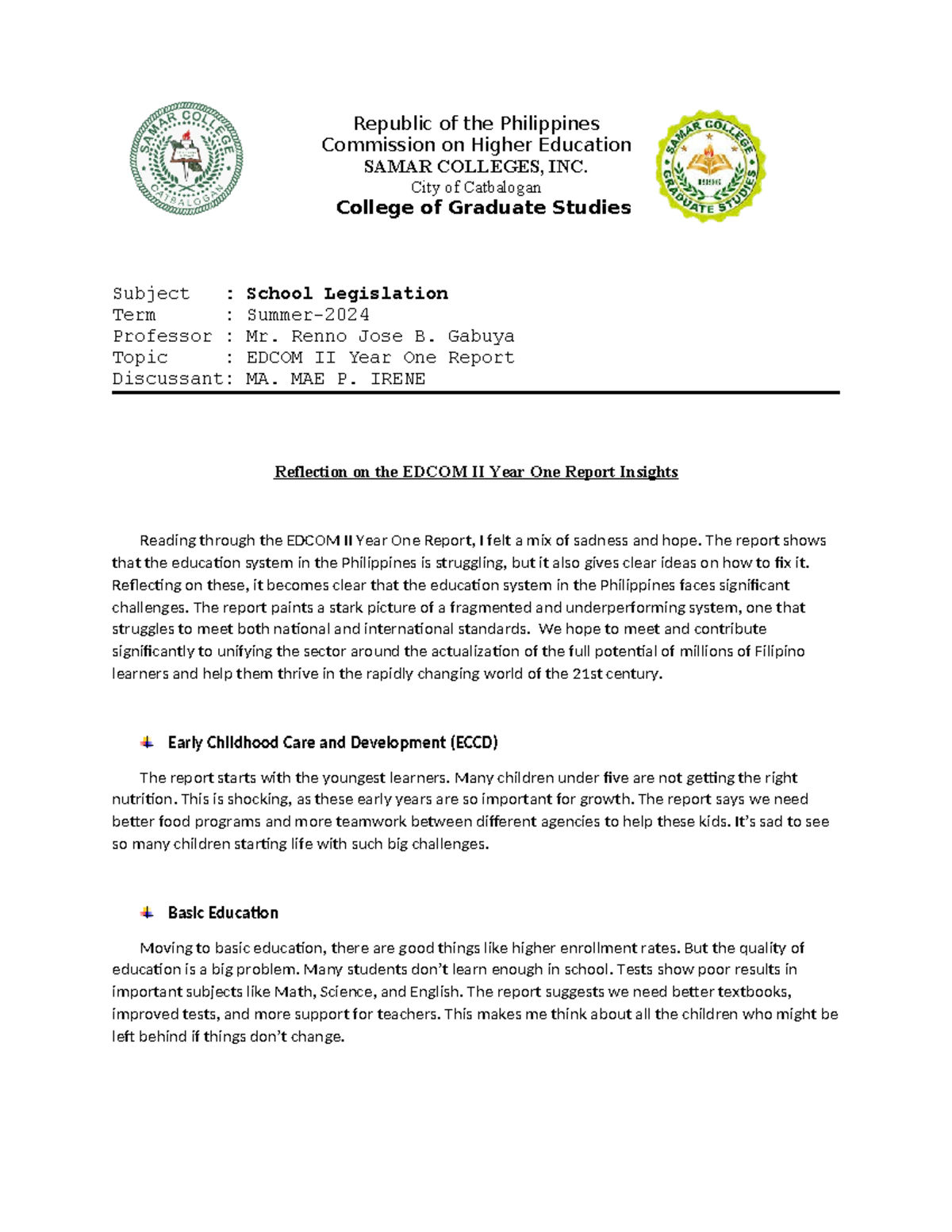 Reflection paper in edcom 2 - Republic of the Philippines Commission on ...