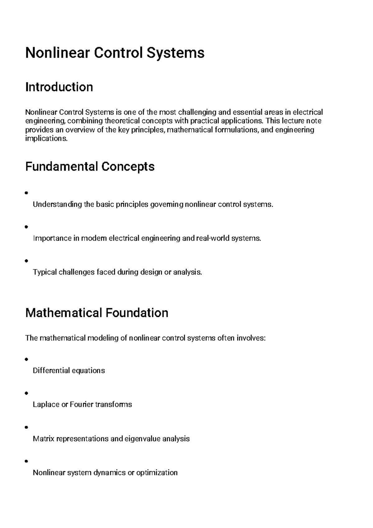Nonlinear Control Systems Lecture Notes: Key Concepts & Applications ...