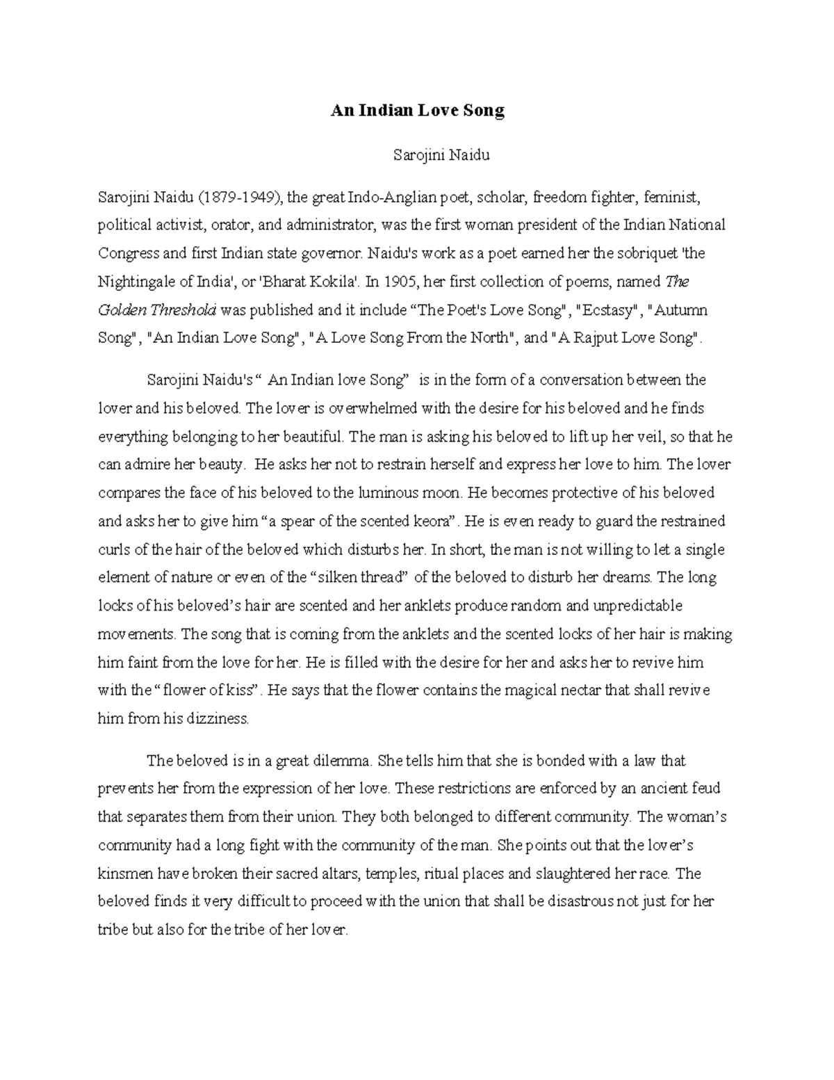 An Indian Love Song: Analysis of Sarojini Naidu's Poetic Themes - Studocu