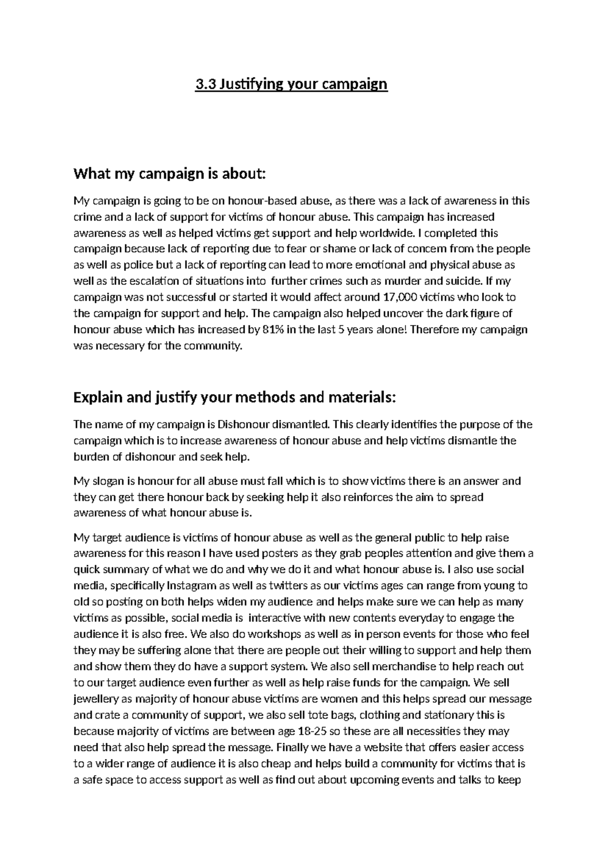 AC3.3 Criminology - Unit 1: Campaign on Honour-Based Abuse - Studocu