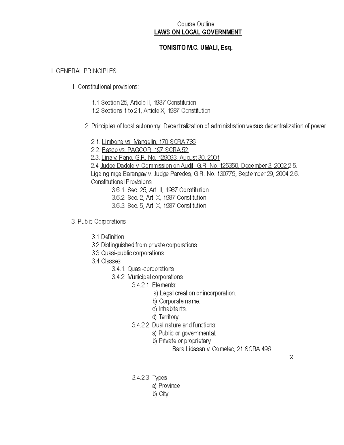 LAWS ON LOCAL GOVERNMENT: Course Outline by Atty. Toni Umali (LAWS 1124 ...