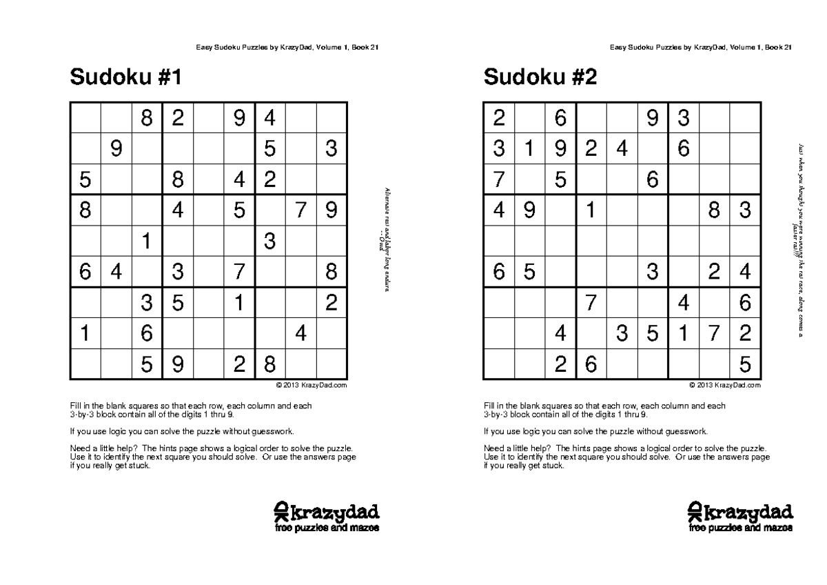 Easy Sudoku Puzzles - KrazyDad Volume 1, Book 21 - Studocu