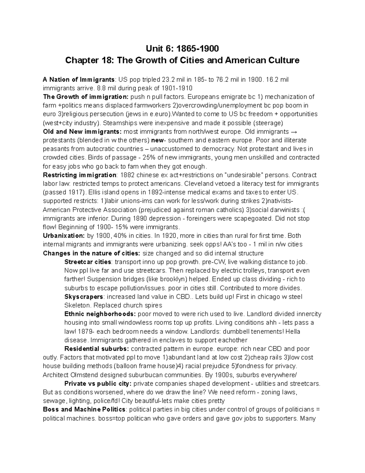 APUSH Unit 6: Chapter 18 - The Growth of Cities & Immigration Notes ...