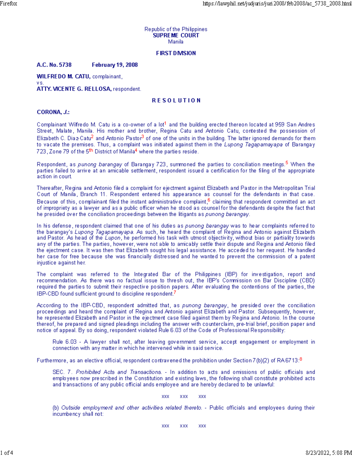 A.C. No. 5738 - Administrative Complaint Against Atty. Rellosa - Studocu