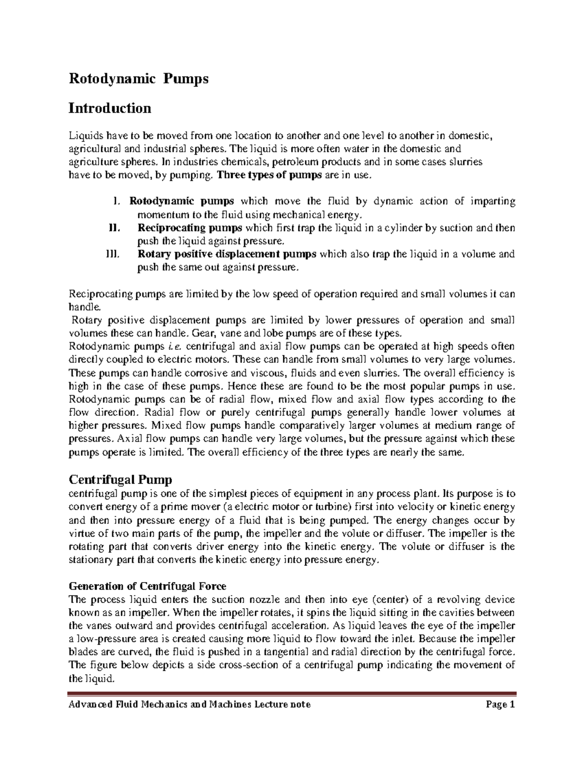 Rotodynamic Pumps - Lecture note - Advanced Fluid Mechanics and ...