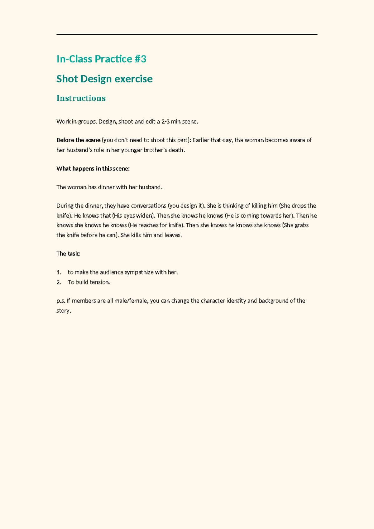 In-Class Exercise #3: Shot Design Practice for Tension Building - Studocu